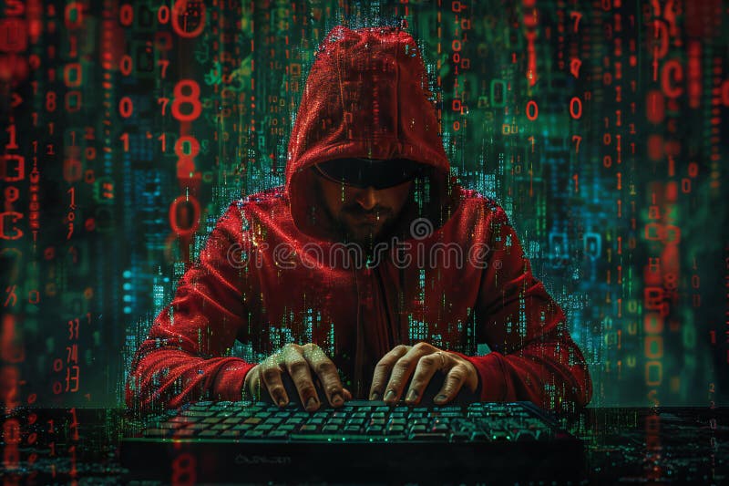 A Hacker in the Dark Wearing a Red Hoodie with His Hands on the ...
