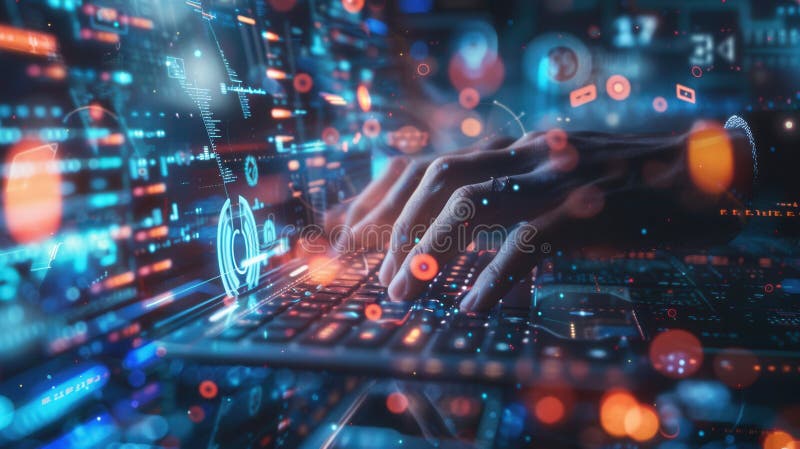 A Hacker Deftly Types on a Keyboard, with Glowing Digital Codes and ... A Hacker Deftly Types on a Keyboard, with Glowing Digital Codes and ...
