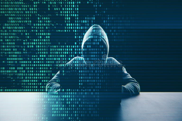 Hacker at Desk Using Laptop with Creative Digital Binary Code Dots Hologram. Stock Photo - Image ...