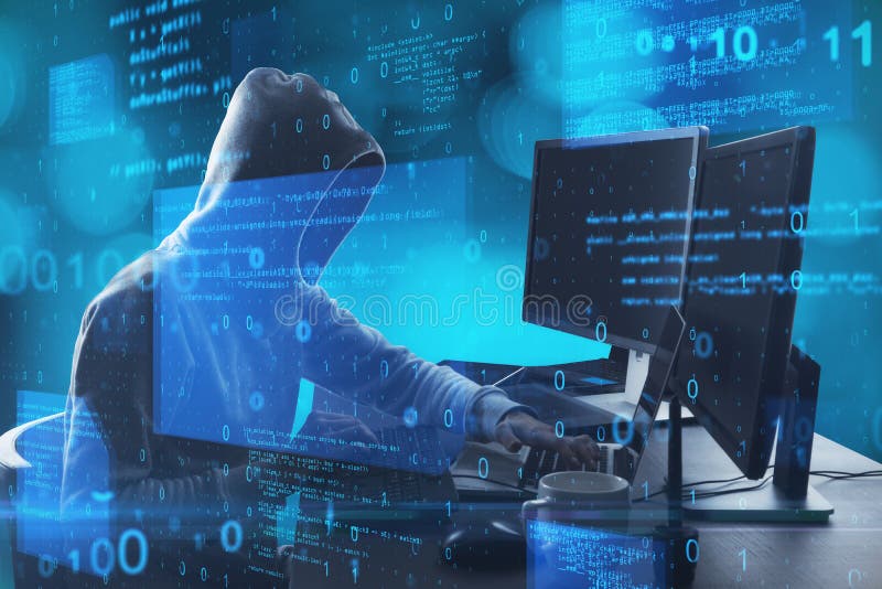 Hacker At Desktop Using Computer With Abstract Glowing Blue Coding Background Binary Code 8065