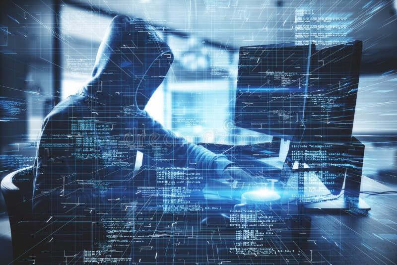 Hacker at Desktop Using Laptop with Glowing Shield Hologram on Blurry ...