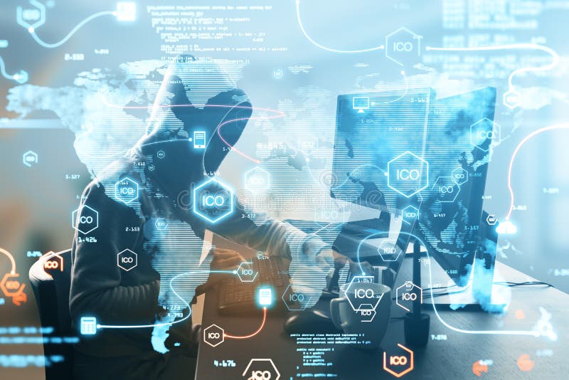 Hacker at Desktop Using Computer with Creative Glowing Ico Hologram ...