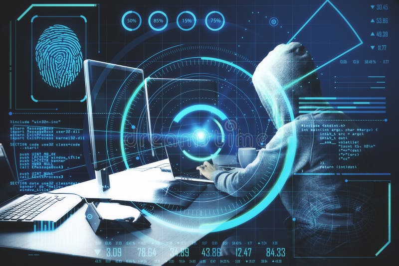Hacker at Desktop Using Computer with Digital Business Interface Stock ...