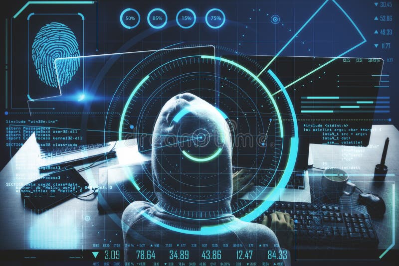 Hacker at Desktop Using Computer with Digital Finger Print Stock Image ...