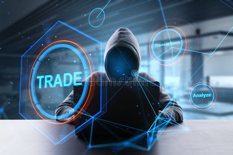 Hacker at Desktop Using Laptop with Creative Polygonal Trade Hologram ...