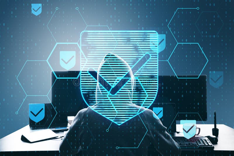 Hacker At Desktop Using Laptop With Glowing Hexagonal Shield Hologram With Binary Coding On 0330