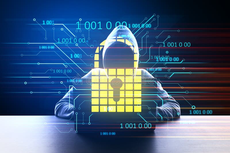 Hacker at Desktop Using Laptop with Glowing Padlock Hologram Stock ...