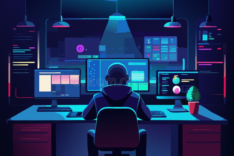 A Hacker Or Developer Working In A Dimly Lit Room With Multiple Screens