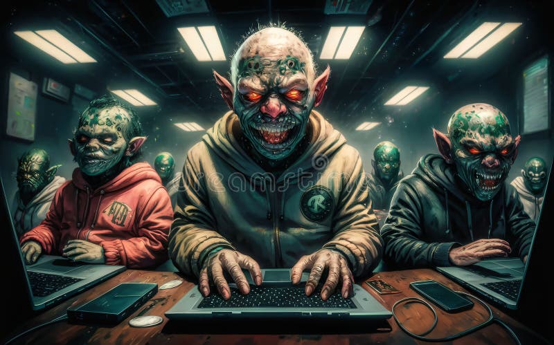 Hacker Devilish Demons Sitting at Data Keyboards in Dark Environment ...