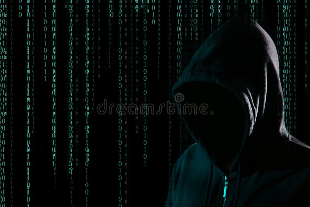 Hacker and Digital Binary Code on Background. Cyber Crime Concept Stock ...