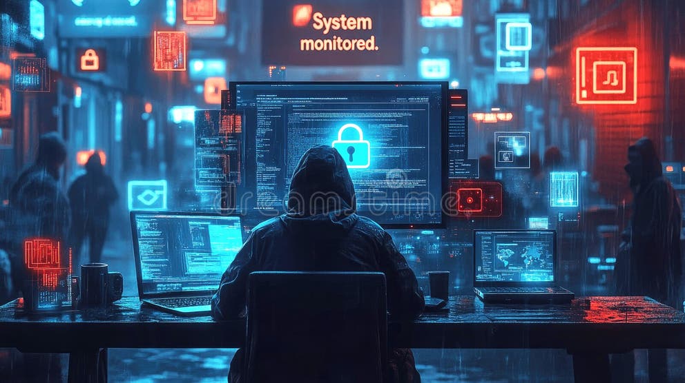 Hacker in a Digital Environment with Code on Screens Stock Image ...