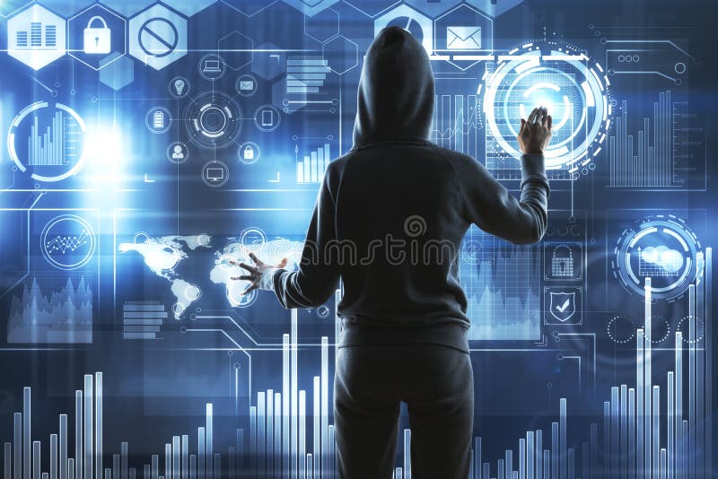 Hacker Touching Virtual Screen with Digital World Map Stock Photo ...