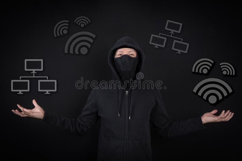 Hacker Digital Thief Open Palm Gesture with Wifi and Network Icon Stock ...