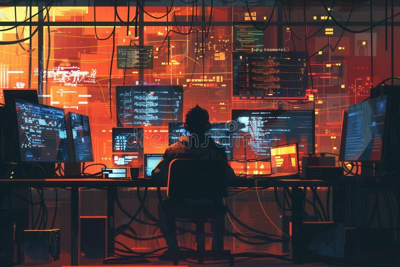 A Hacker Diligently Works at a Desk, Illuminated by the Glow of ...