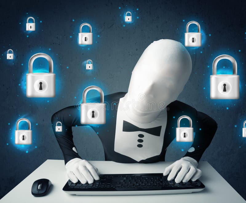 Hacker In Disguise With Virtual Lock Symbols And Icons Stock Image ...