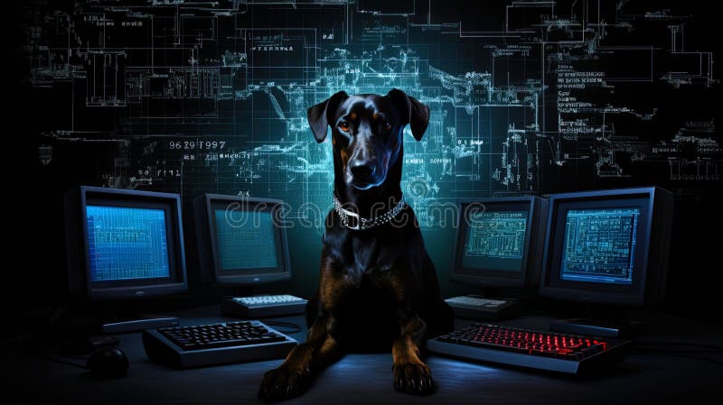 A Hacker Dog Sitting in a Dark Corner, Surrounded by Flickering Codes ...