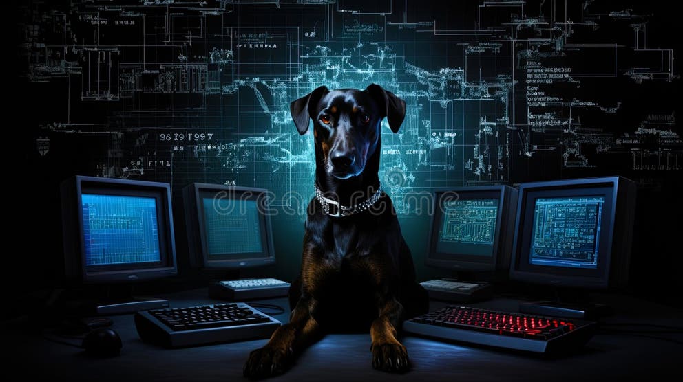 A Hacker Dog Sitting in a Dark Corner, Surrounded by Flickering Codes ...