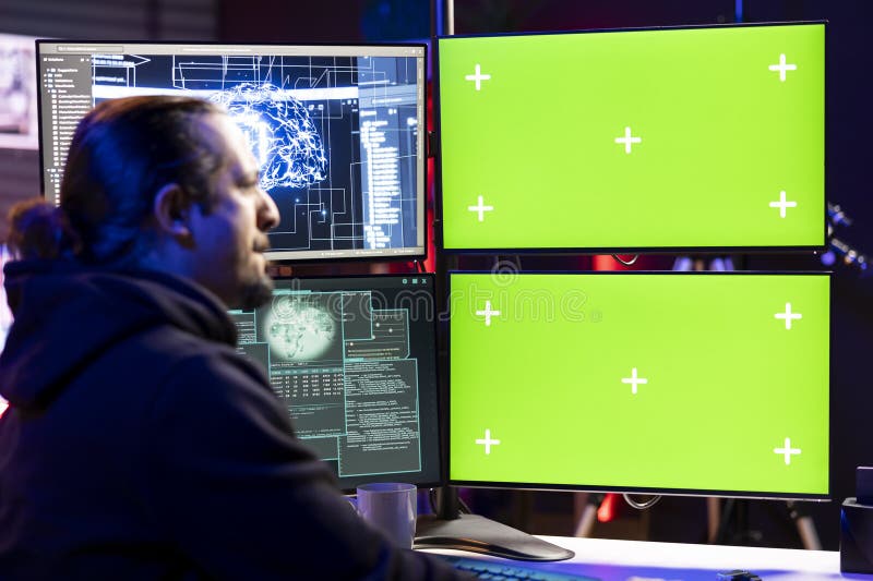 Hacker Doing Covert Operations Using Green Screen PC To Bypass Advanced Security Stock Photo ...