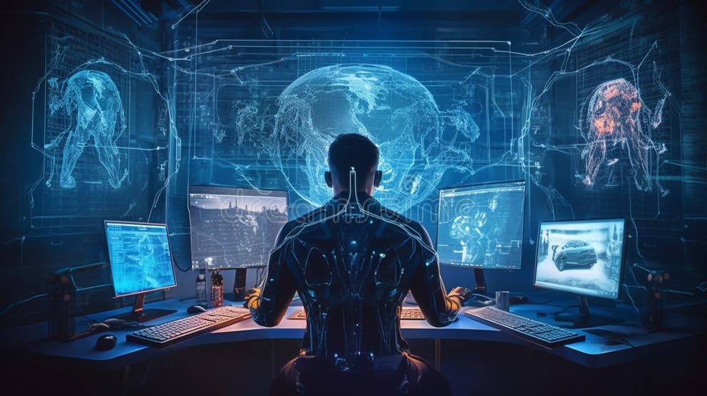 Cyborg Computer Security Specialist Hacker with Multiple Screens Stock ...