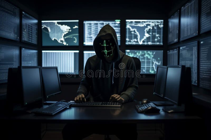 Hacker Dressed in a Hoodie, Sitting in a Dark Room Surrounded by ...