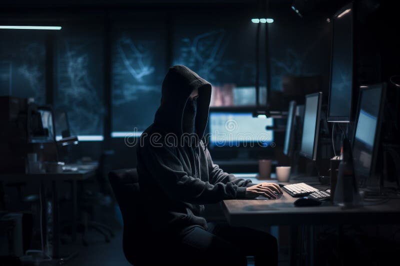 Hacker Dressed in a Hoodie, Sitting in a Dark Room Surrounded by ...
