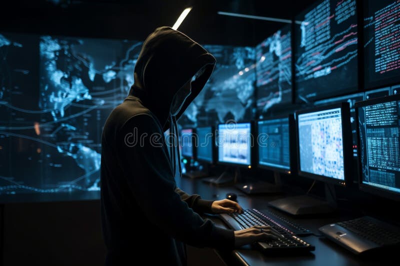 Hacker Dressed in a Hoodie, Sitting in a Dark Room Surrounded by ...