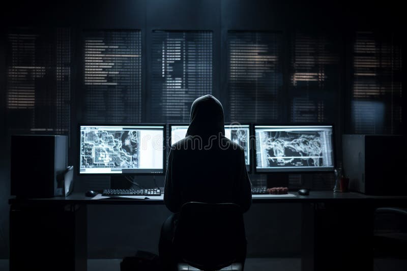Hacker Dressed in a Hoodie, Sitting in a Dark Room Surrounded by ...