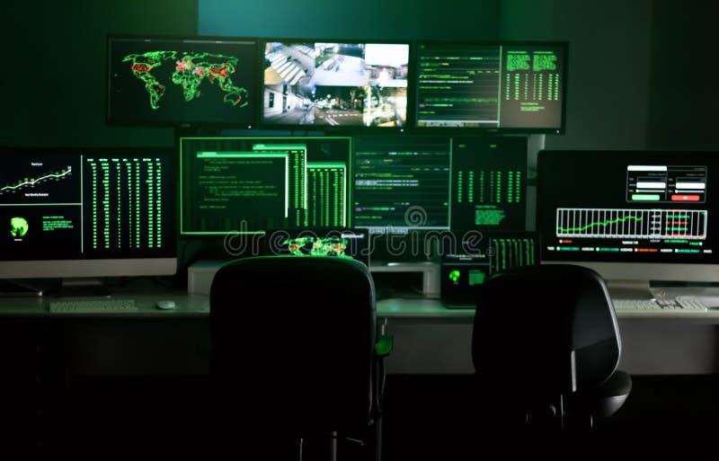 Hacker Empty Lair with Multiple Monitor Screens and Security Cameras ...