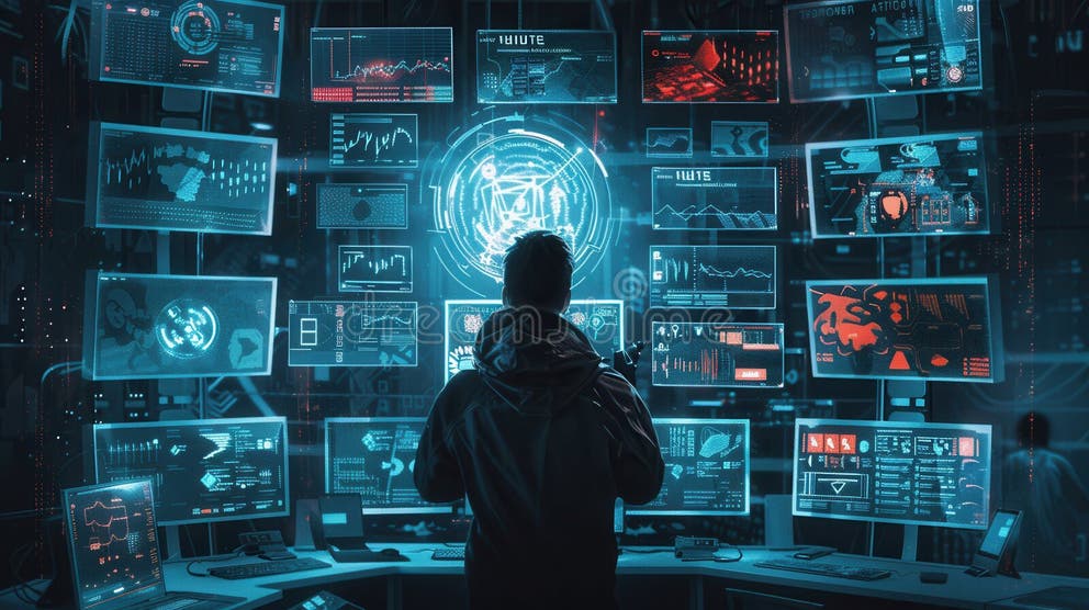 A Hacker Examines Various Digital Displays Showing Code, Graphs, and Data Analysis in a Dimly ...