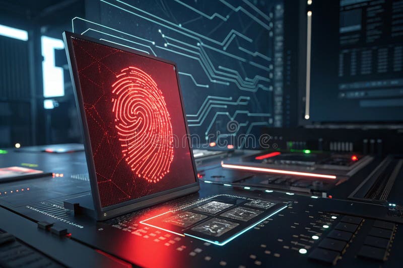 Hacker Exploring Biometric Fingerprint Data on a High Tech Cyberpunk ...