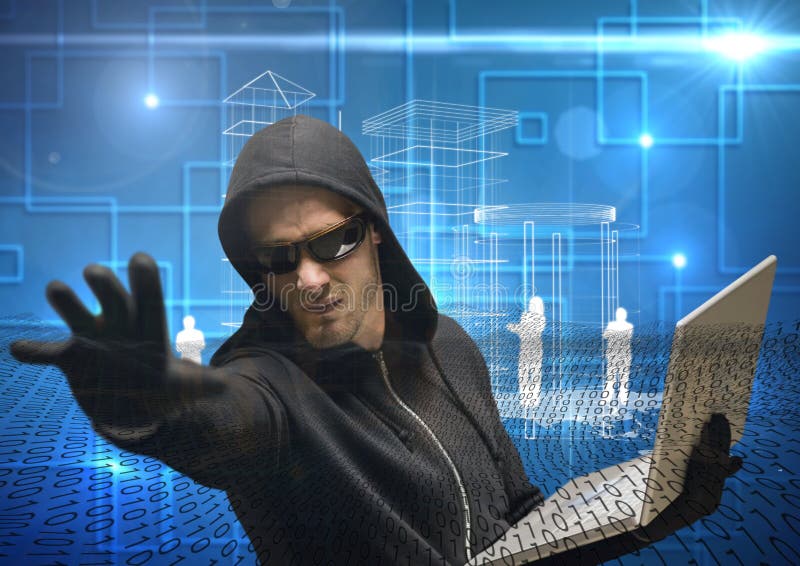 Hacker with Hood Using a Laptop in Front of Digital Background Stock ...