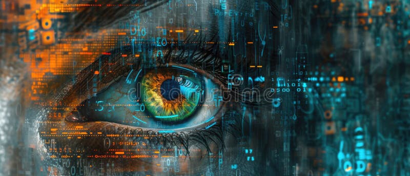 Hacker Eye on Digital Data Background, Banner with Abstract Network ...