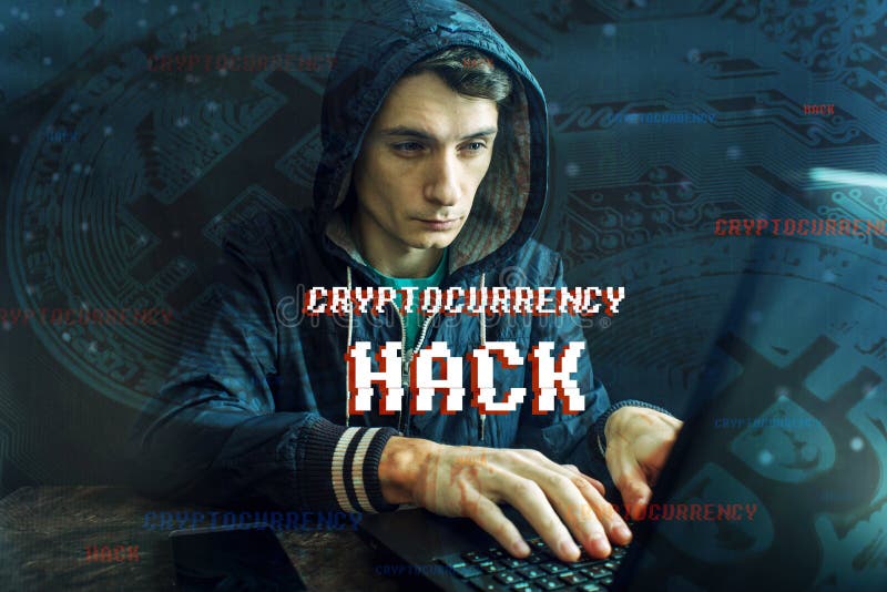 Hacker With A Face Is Trying To Steal Cryptocurrency Using A Computer Fraud At Cryptojacking