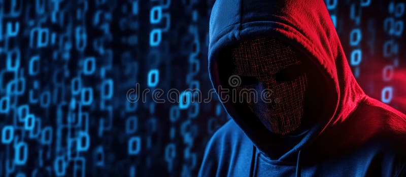 Hacker Figure with Digital Mask, Binary Code Background, Dark ...