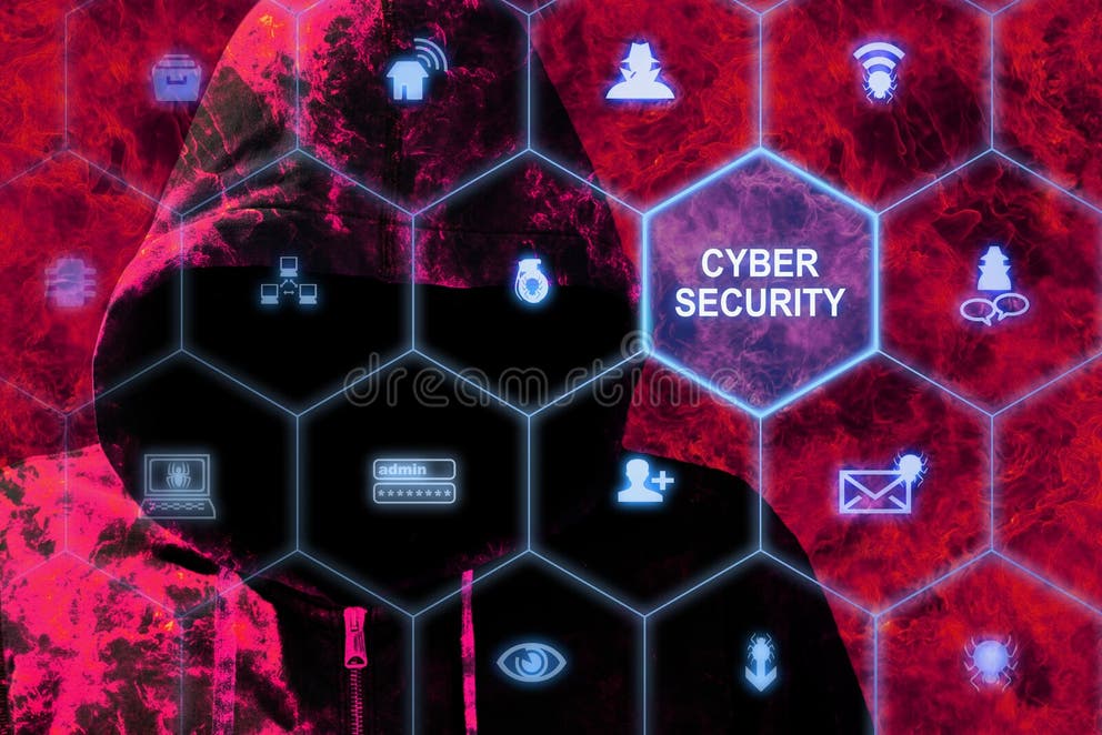 Hacker in Flames Behind a Cybersecurity Grid Stock Illustration ...