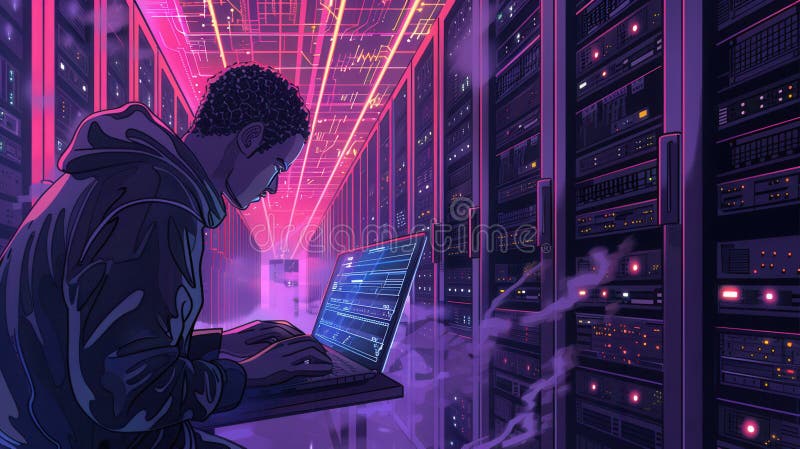 A Hacker Focused on His Laptop, Surrounded by Tall Server Racks Glowing ...