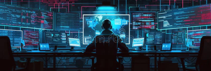 A Hacker Focused Intently on Multiple Computer Screens in a Dimly Lit Room, Immersed in Coding ...