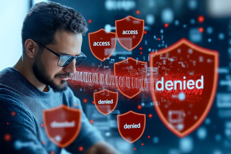 Hacker is Focused on Screen Filled with Red Access Denied Alerts ...