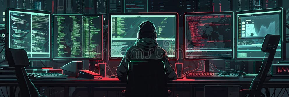 A Hacker Focuses Intently on Multiple Computer Screens in a Dimly Lit Room, Engaged in Complex ...
