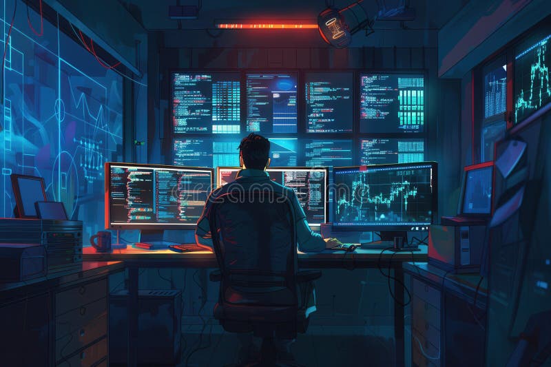 A Hacker Focuses Intently at Multiple Computer Screens in a Dimly Lit Room, Immersed in Data ...