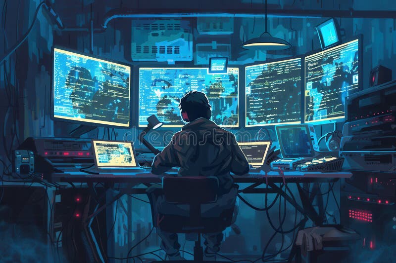 A Hacker Focuses Intently on Multiple Screens in a Dimly Lit Room, Immersed in Complex Coding ...