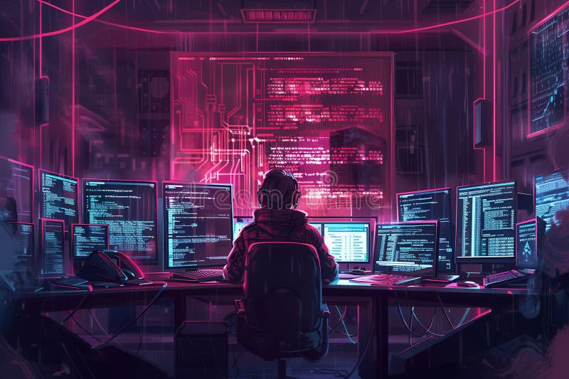 A Hacker Focuses Intently on Various Computer Screens, Immersed in ...