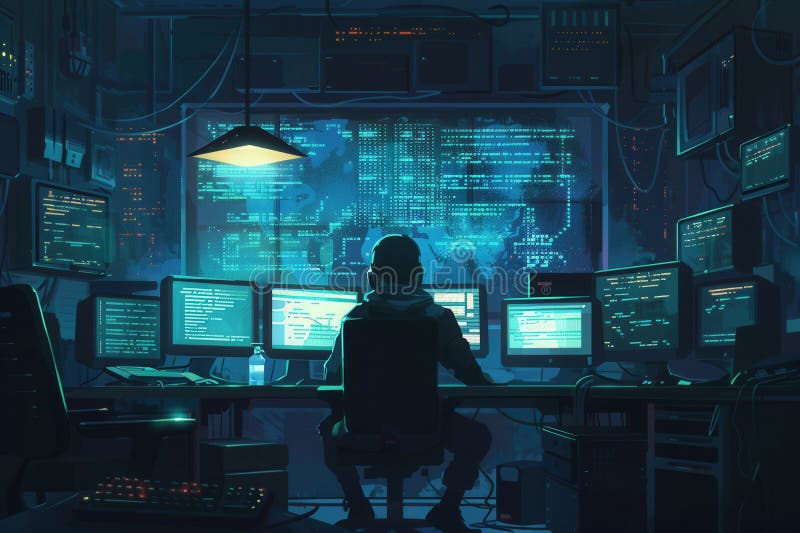 A Hacker Focuses on Multiple Screens, Coding and Analyzing Data in a Dimly Lit Room Filled with ...