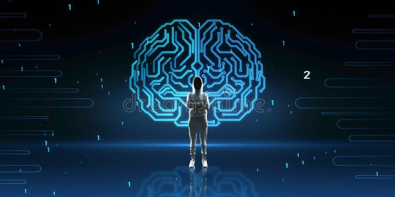 Hacker With Folded Arms And Abstract Glowing Human Brain Hologram On