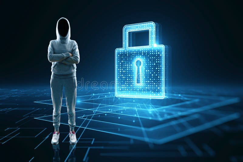Hacker with Folded Arms and Glowing Padlock Hologram on Dark Background ...