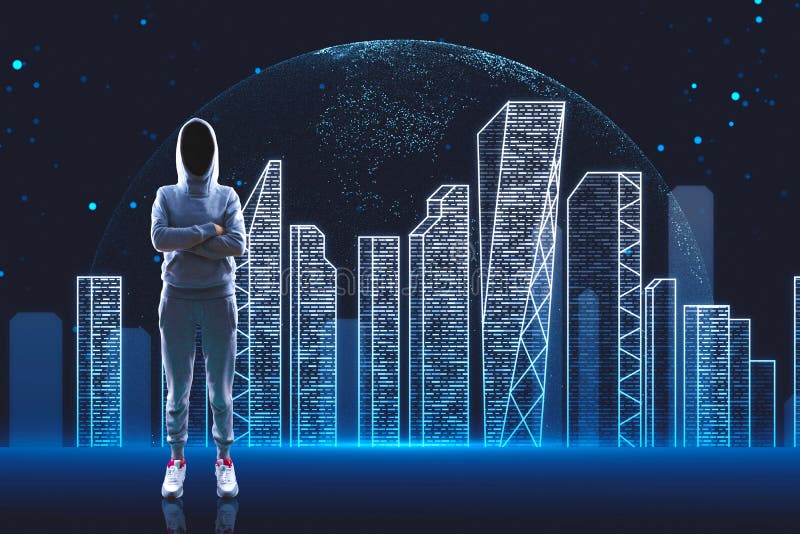 Hacker with Folded Arms Standing on Digital Tech City Background ...