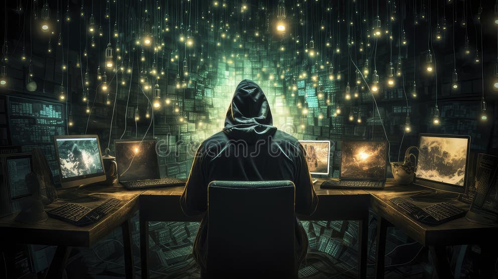 Hacker in Front of Computer Screen Stock Illustration - Illustration of ...
