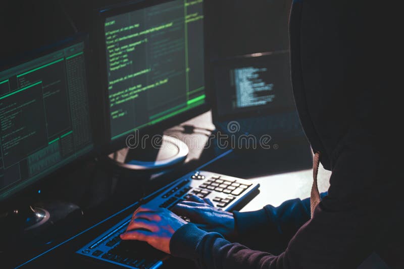 Hacker in Front of Computer. View from Shoulder Stock Photo - Image of ...