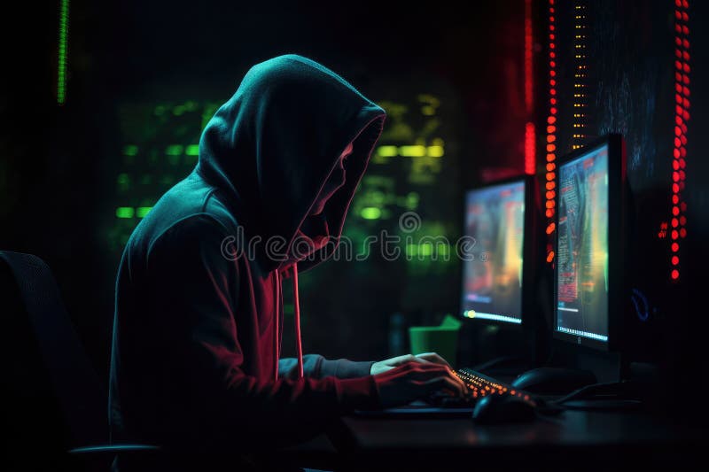 Hacker in Front of His Computer Committing Digital Cybercrime. Generative AI. Stock Image ...