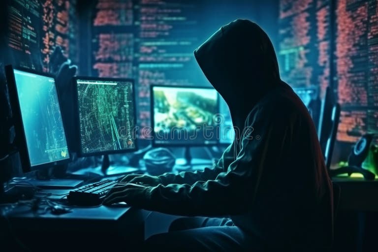 Hacker Front of His Computer Committing Digital Cybercrime. Generative ...